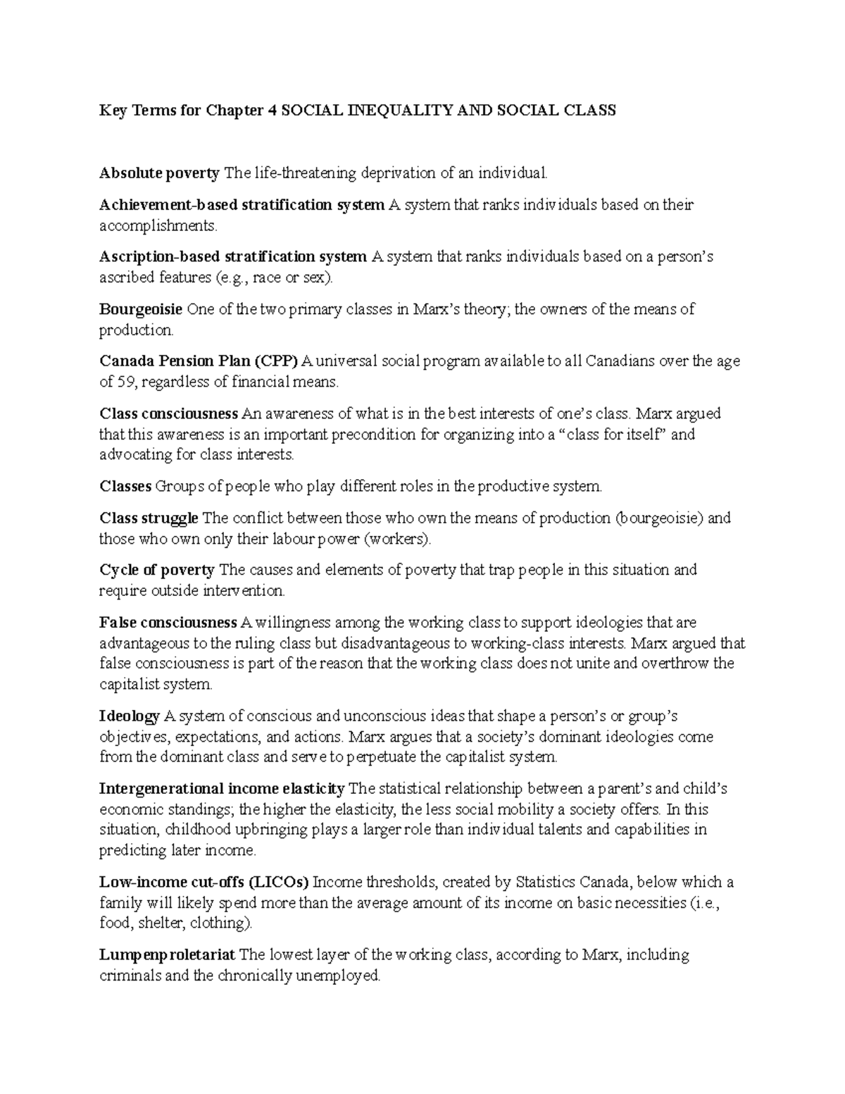Key Terms for SOC 101: Chapter 4 - Social Inequality & Class - Studocu