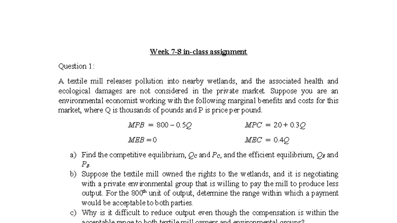 Lesson 7-8 In-Class Assignment: Environmental Economics Analysis - Studocu