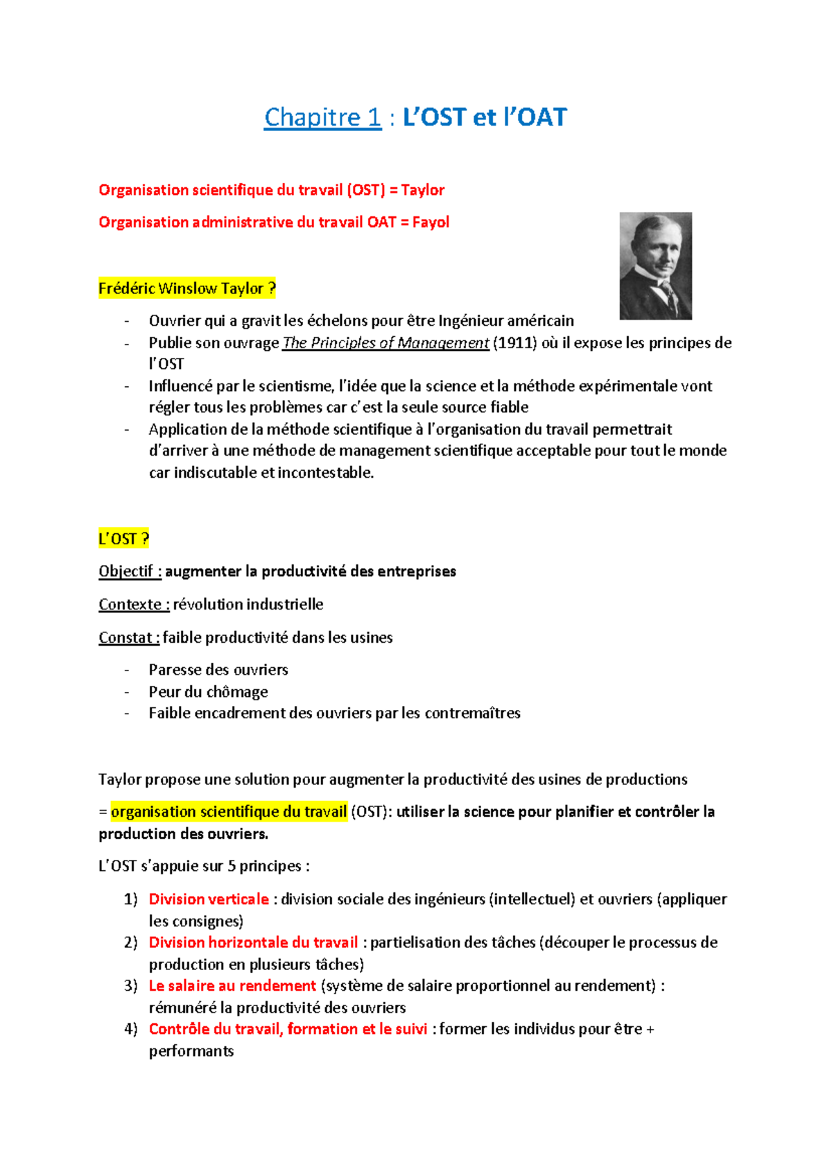 Chapitre 1 : Organisation Scientifique du Travail (OST) et Taylorisme ...