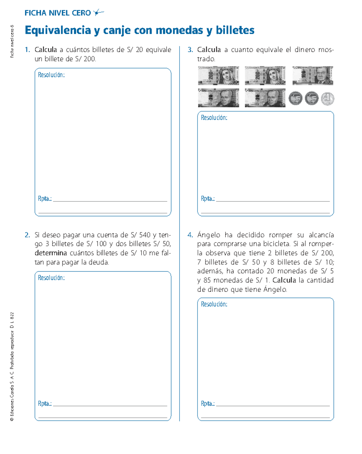 FICHA NIVEL CERO: Equivalencias y Canjes con Monedas y Billetes - Studocu