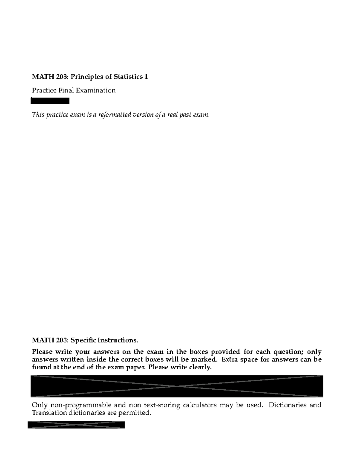 MATH 203: Principles of Statistics 1 Practice Final Exam 2025 - Studocu