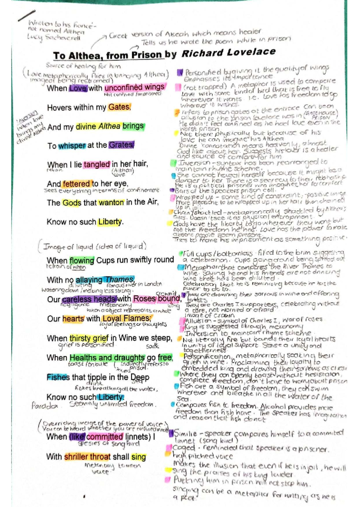 To althea from prison - Annotated poem - Written to his hance not named ...