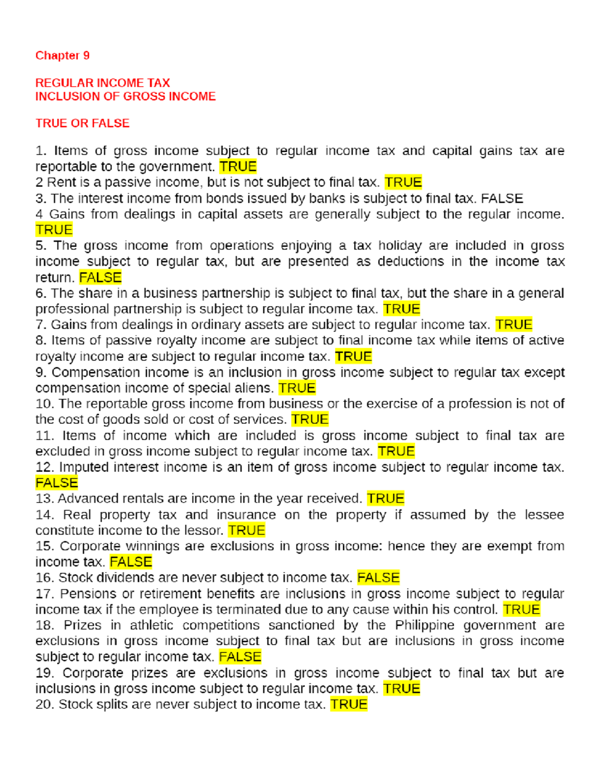 REG TAX CH 9: True or False Practice Questions & Answers - Studocu