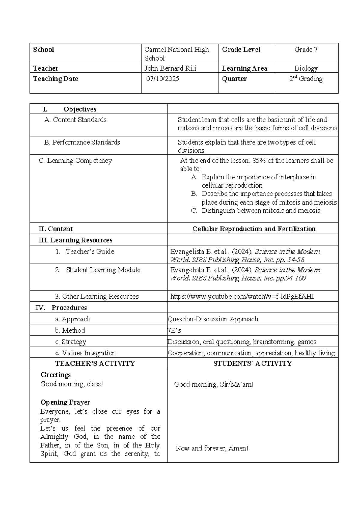 Mitosis Lesson Plan DLP - Grade 7 Biology - Studocu