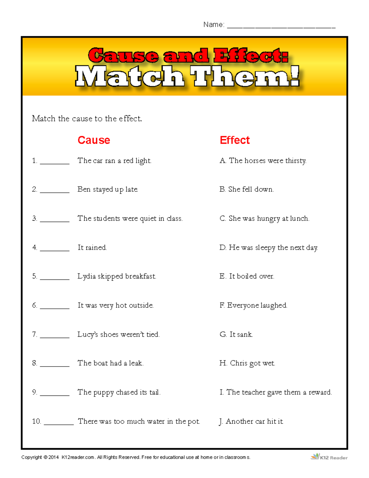Cause and Effect Matching Activity for Students - Studocu