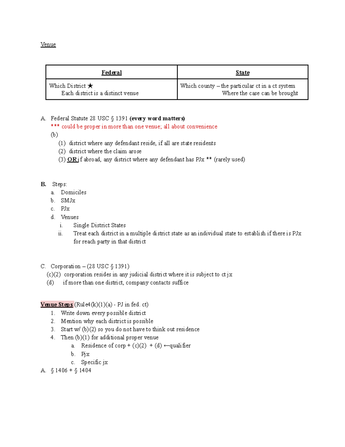 Venue Analysis Sheet - Federal Statute and Steps Overview - Studocu