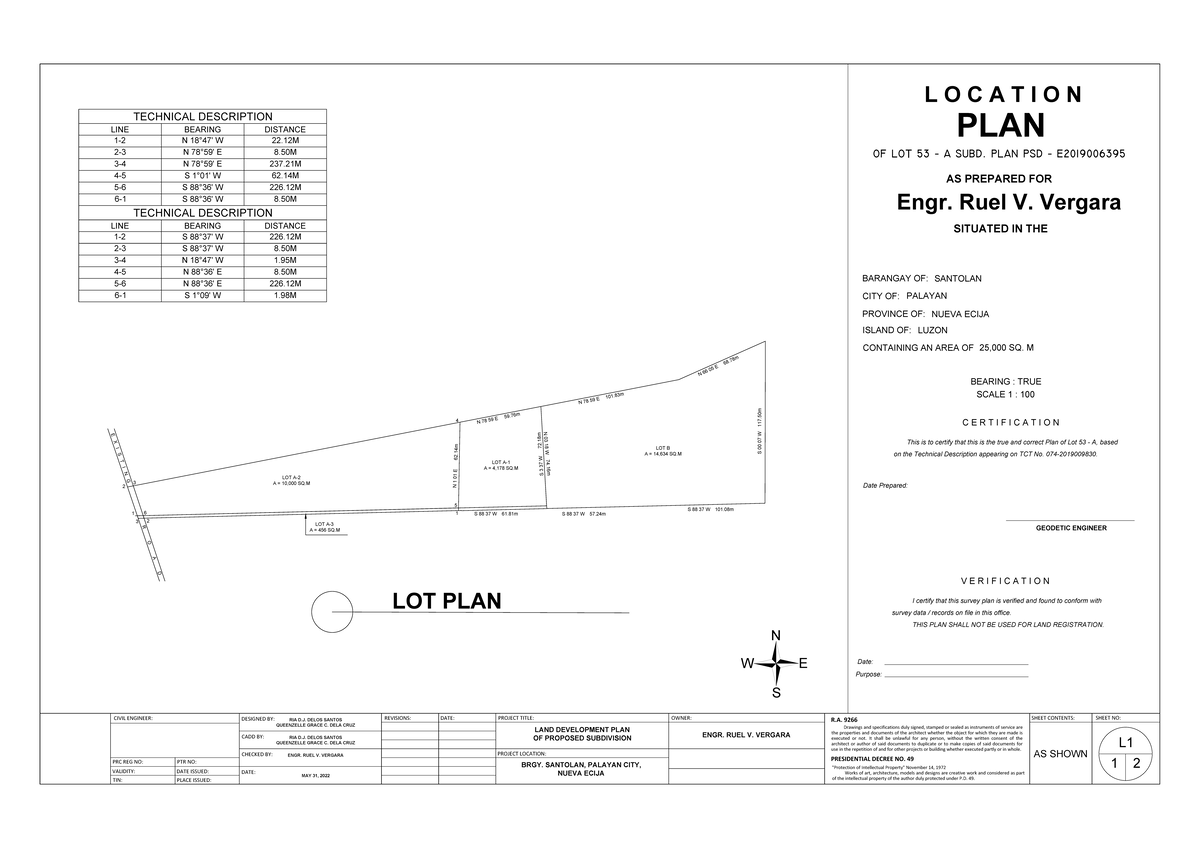LOT PLAN for Subdivision PSD-E, Palayan City, Quantity Surveying - Studocu