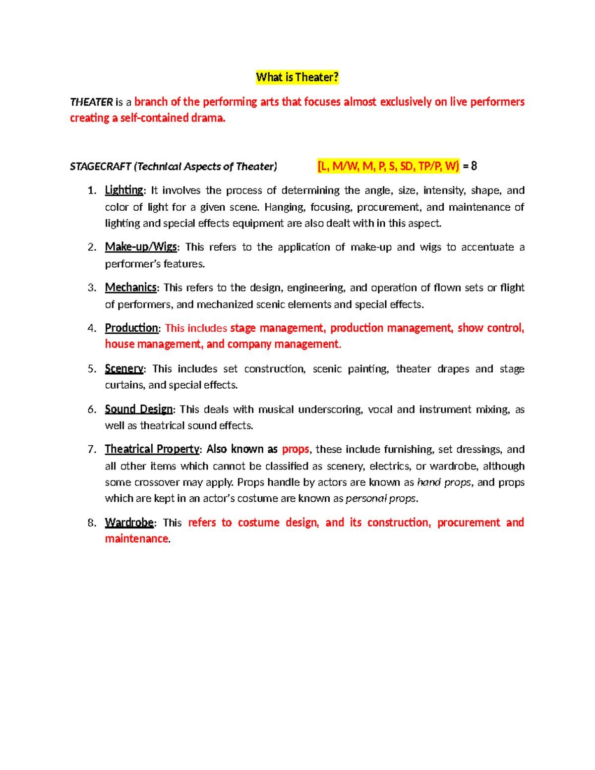 THEATER 101: Arts Appreciation Notes on Stagecraft Elements - Studocu