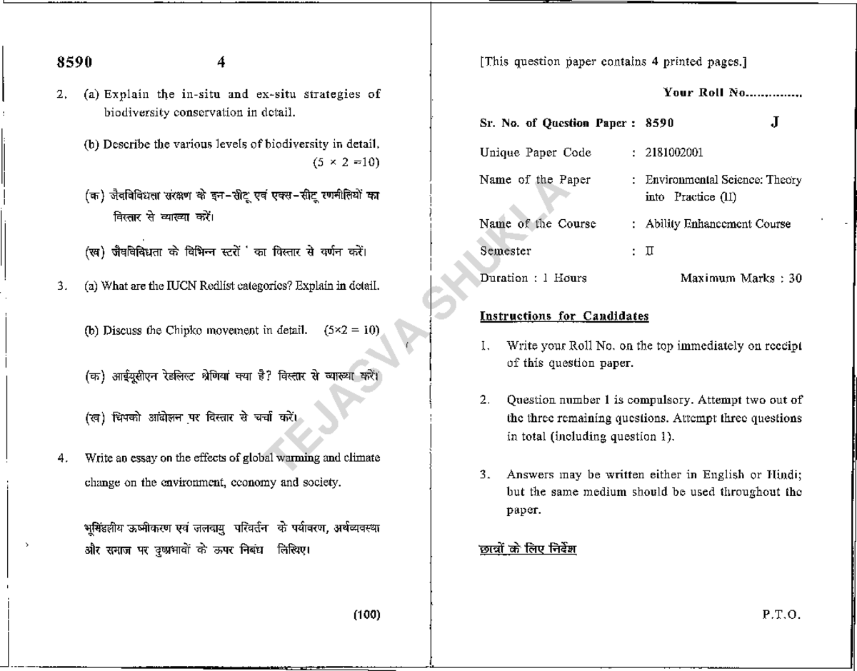 EVS II Sem IV PYQ 4 - Biodiversity Conservation & Chipko Movement - Studocu