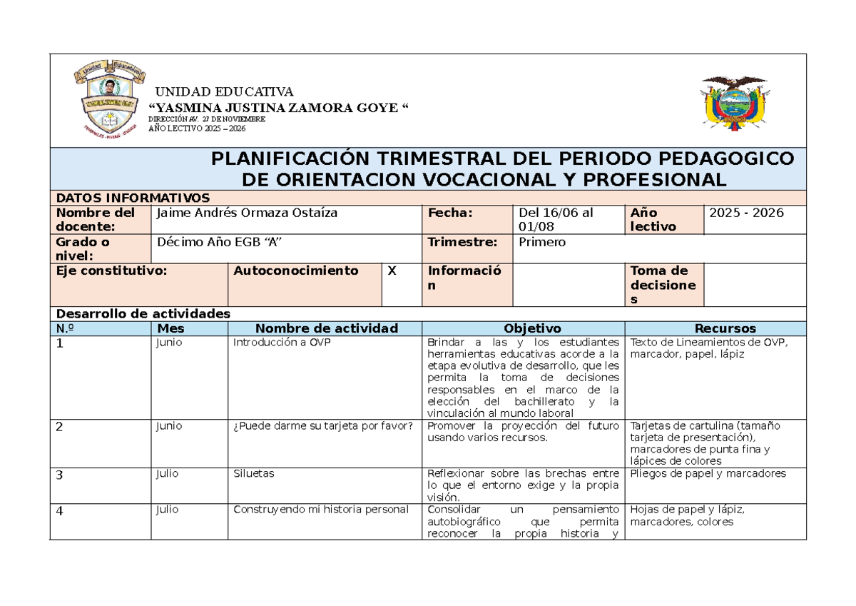 OVP Planificación Trimestral 2025-2026 - Décimo Año EGB - Studocu