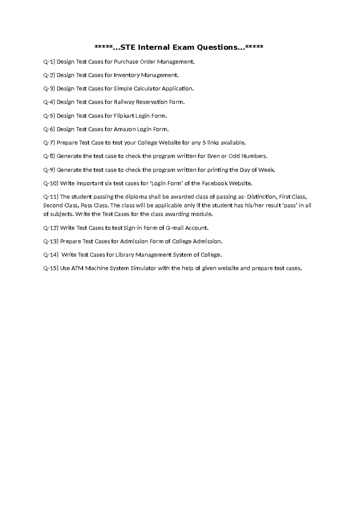 STE Internal - NKBJ - .. Internal Exam Questions... Q-1) Design Test ...