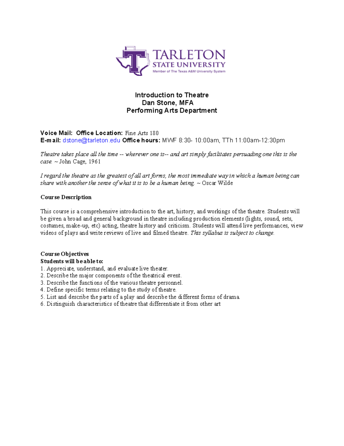 Intro to Theatre Syllabus - TARLETON - Dan Stone - Studocu
