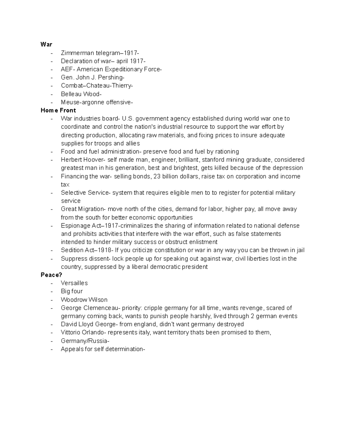 HIS 122 Lecture Notes: WWI Overview, Peace Treaties & Wilson's Impact ...
