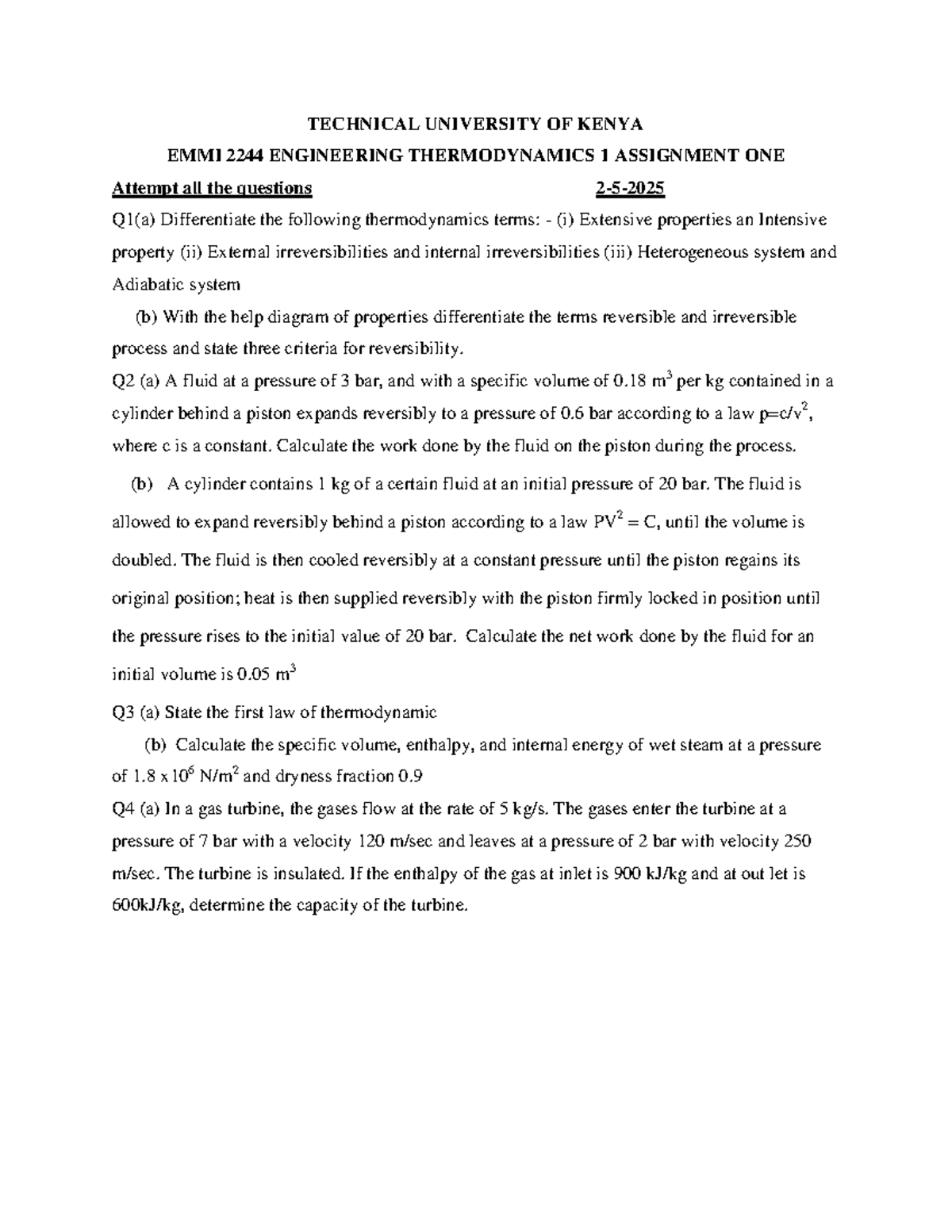 TUK EMMI 2244 Engineering Thermodynamics 1 Assignment 1 - Studocu