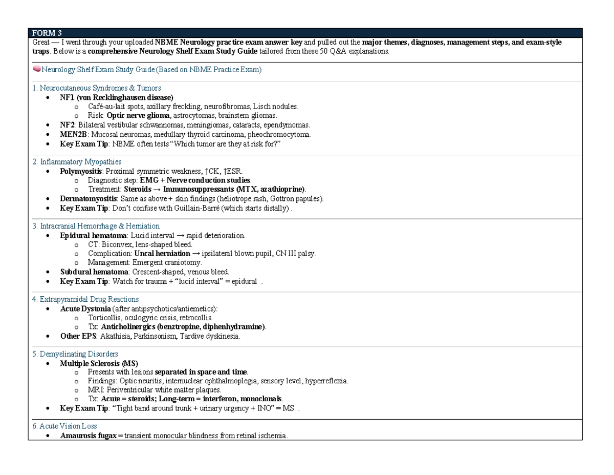Neurology Shelf Exam Study Guide (NBME Practice Exams 1-5) - Studocu