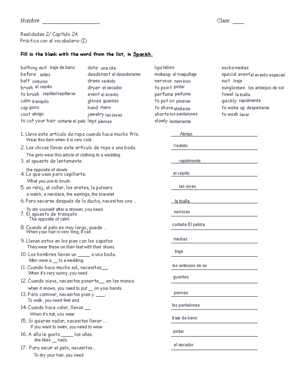 R2 2A Vocab fill in worksheet - Realidades 2/ Capítulo 2A Práctica con ...