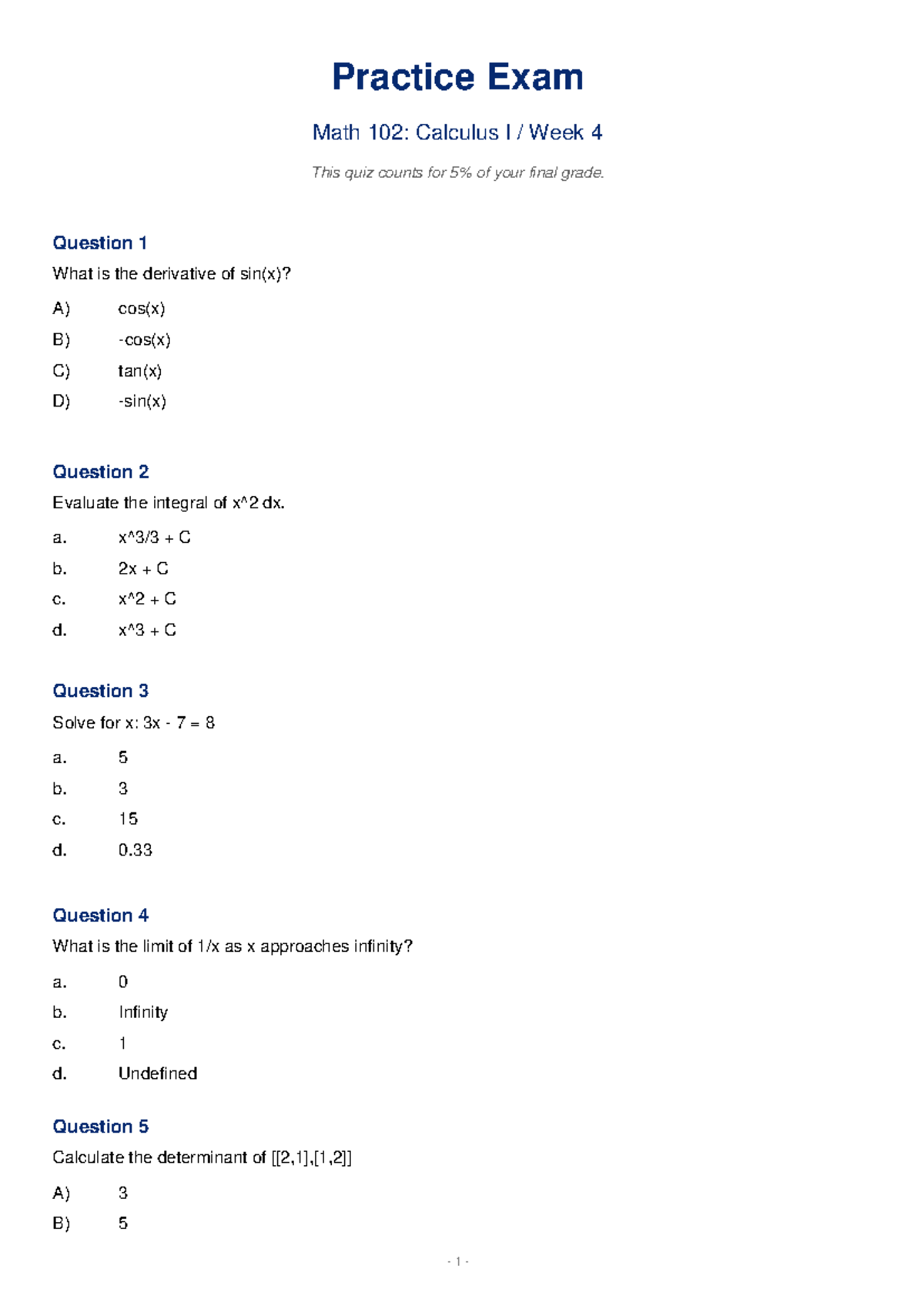 Practice Exam Math 102: Calculus I - Week 4 Review - Studocu