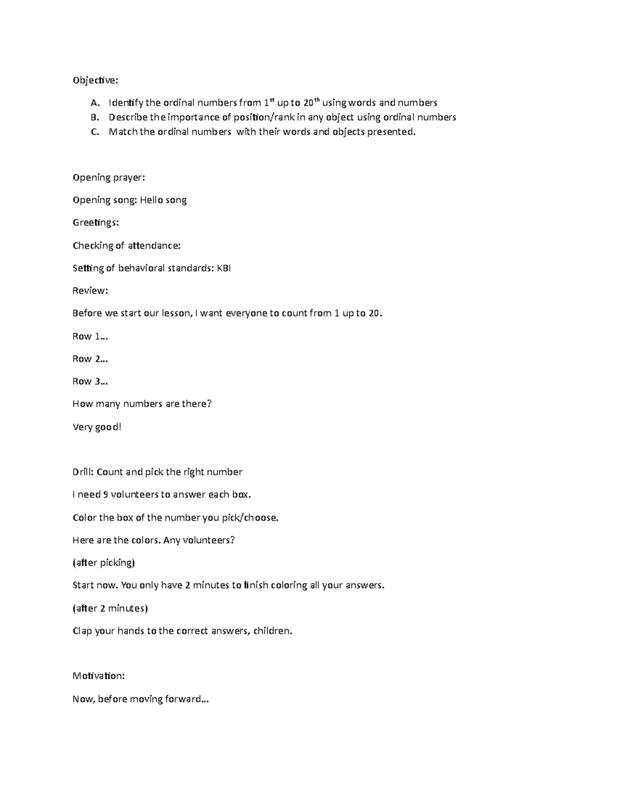 Vera Lesson Plan for Ordinal Numbers - Objective: A. Identify the ...