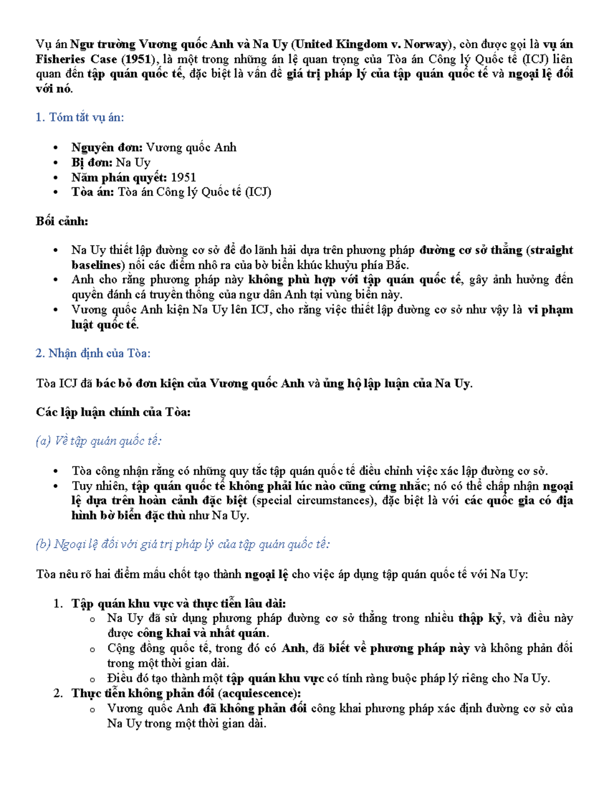 Vụ án Ngư trường Vương quốc Anh và Na Uy (United Kingdom v. Norway, 1951): Phân - Studocu