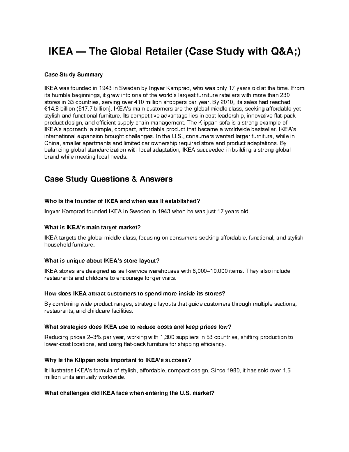 IKEA Global Retailer Case Study Analysis and Summary - Studocu