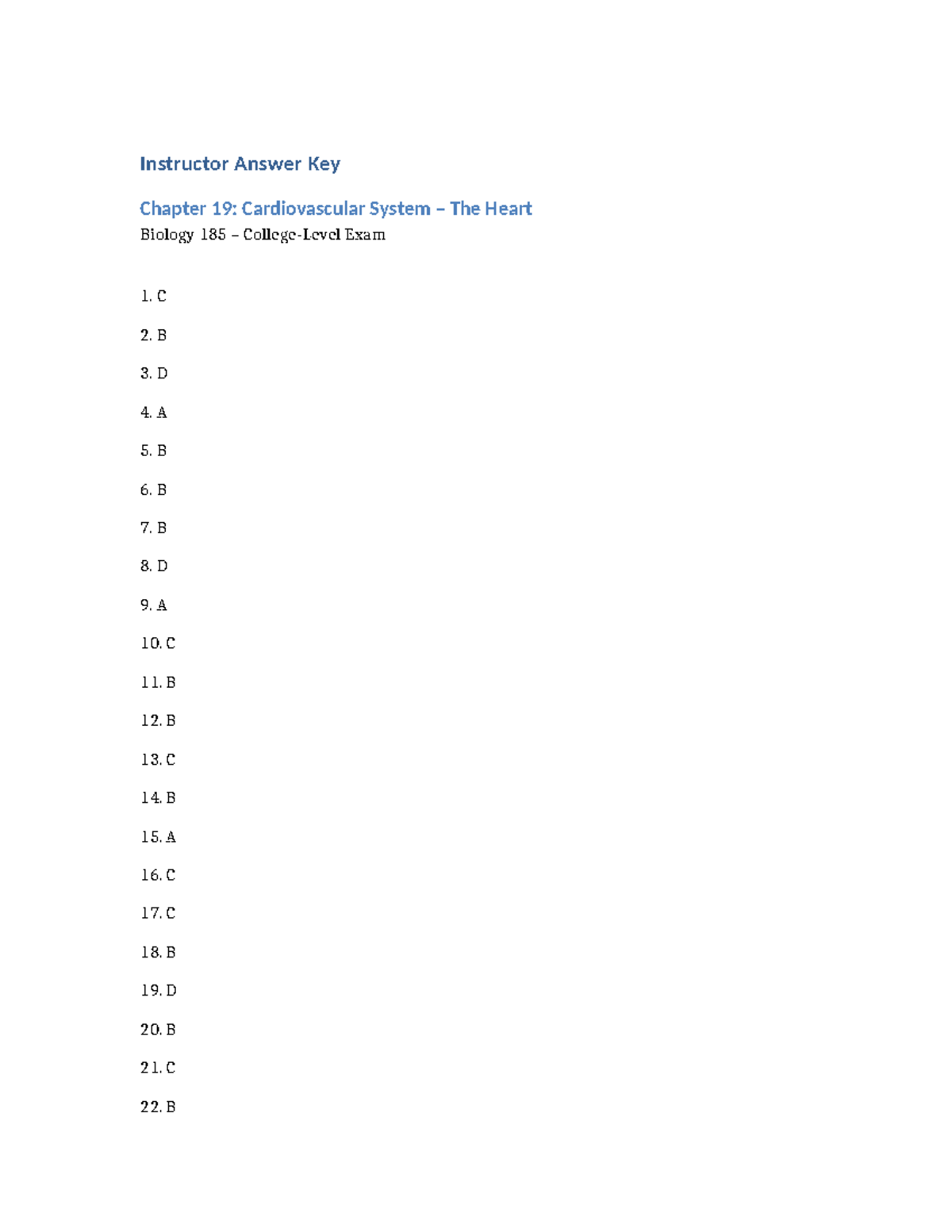 Instructor Answer Key for Biology 185: Cardiovascular System Exam - Studocu