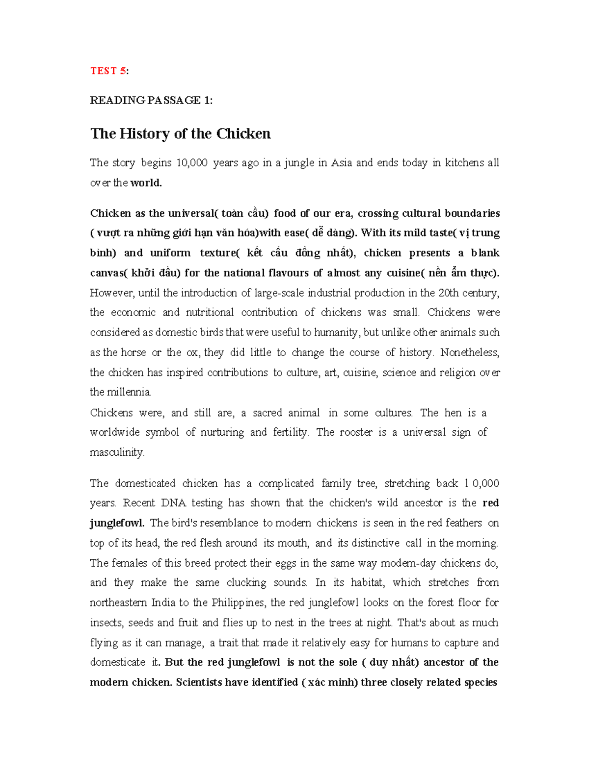 TEST 5: READING PASSAGE 1 - The History of the Chicken - Studocu