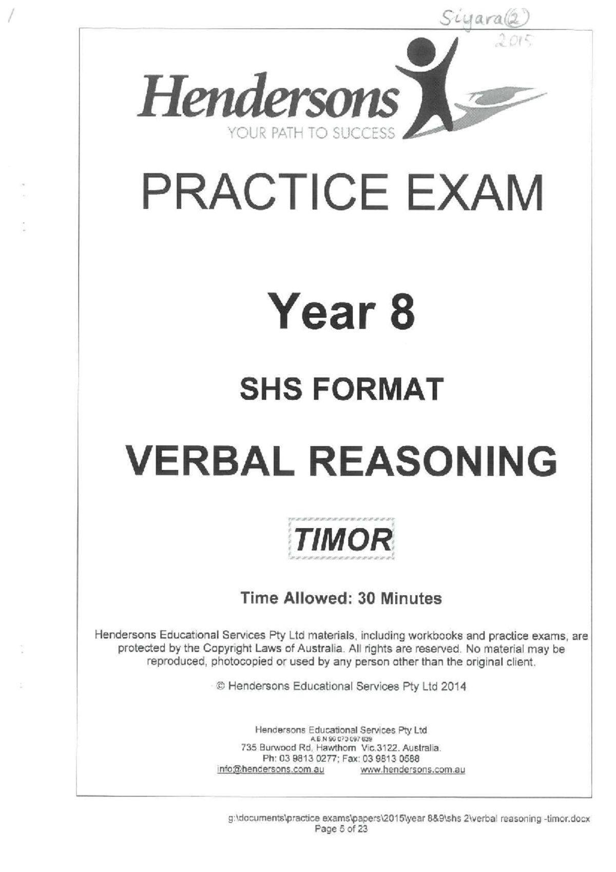 PRACTICE EXAM Year 8 SHS FORMAT: Verbal Reasoning Timor - Studocu