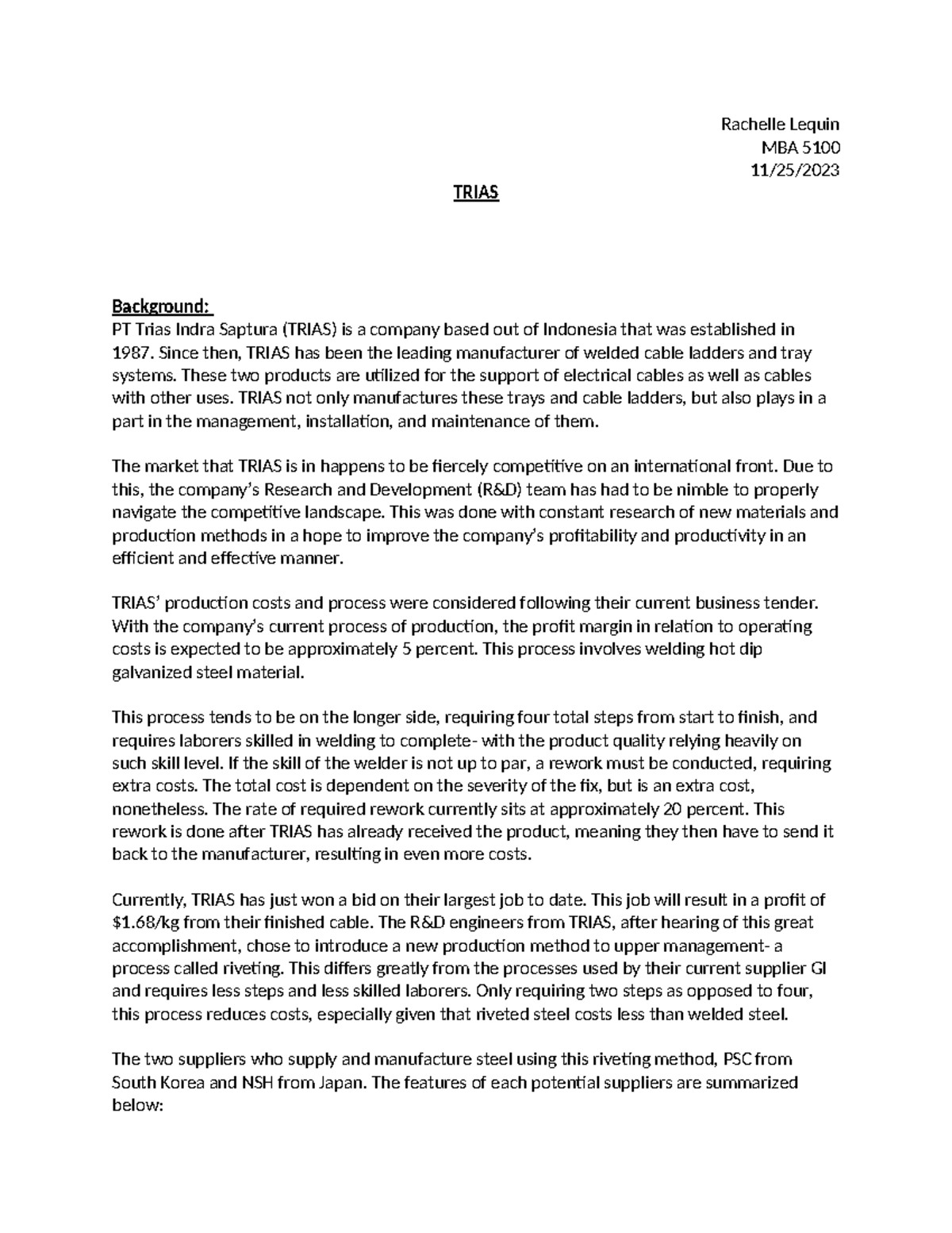 MBA 5100 - Case Study Analysis of PT Trias Indra Saptura - Studocu