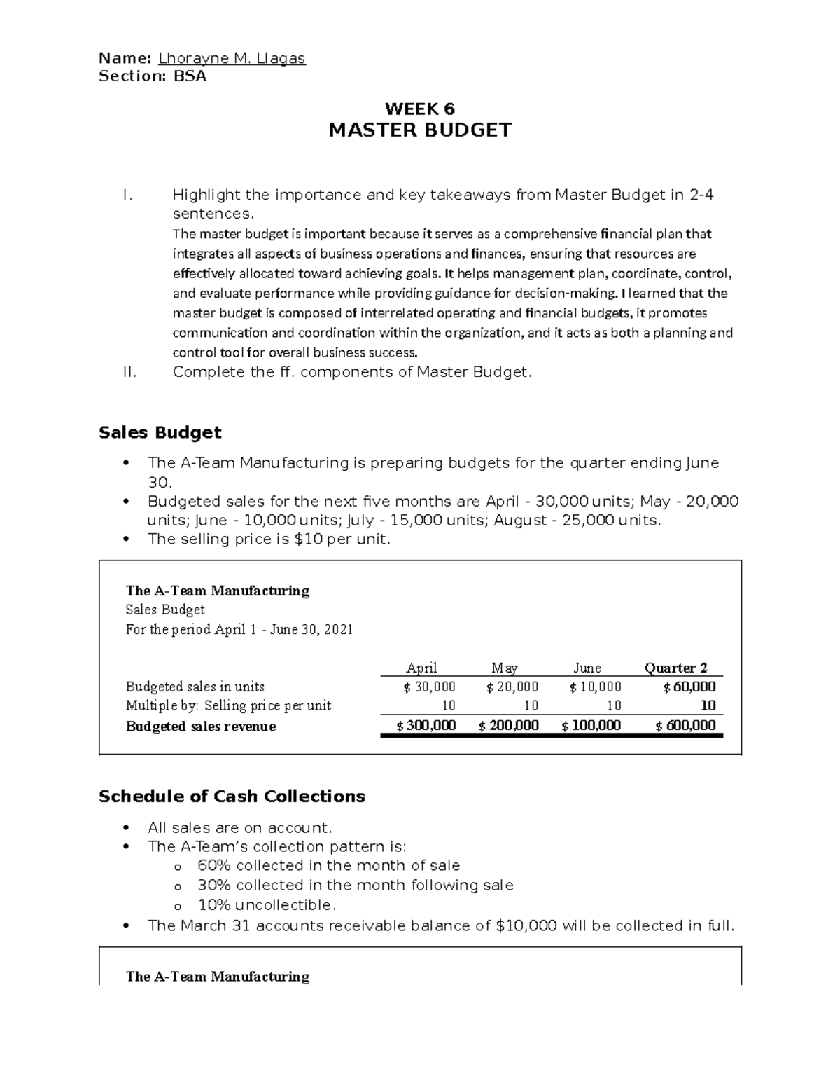 BSA WEEK 6 Master Budget Key Takeaways and Components - Studocu