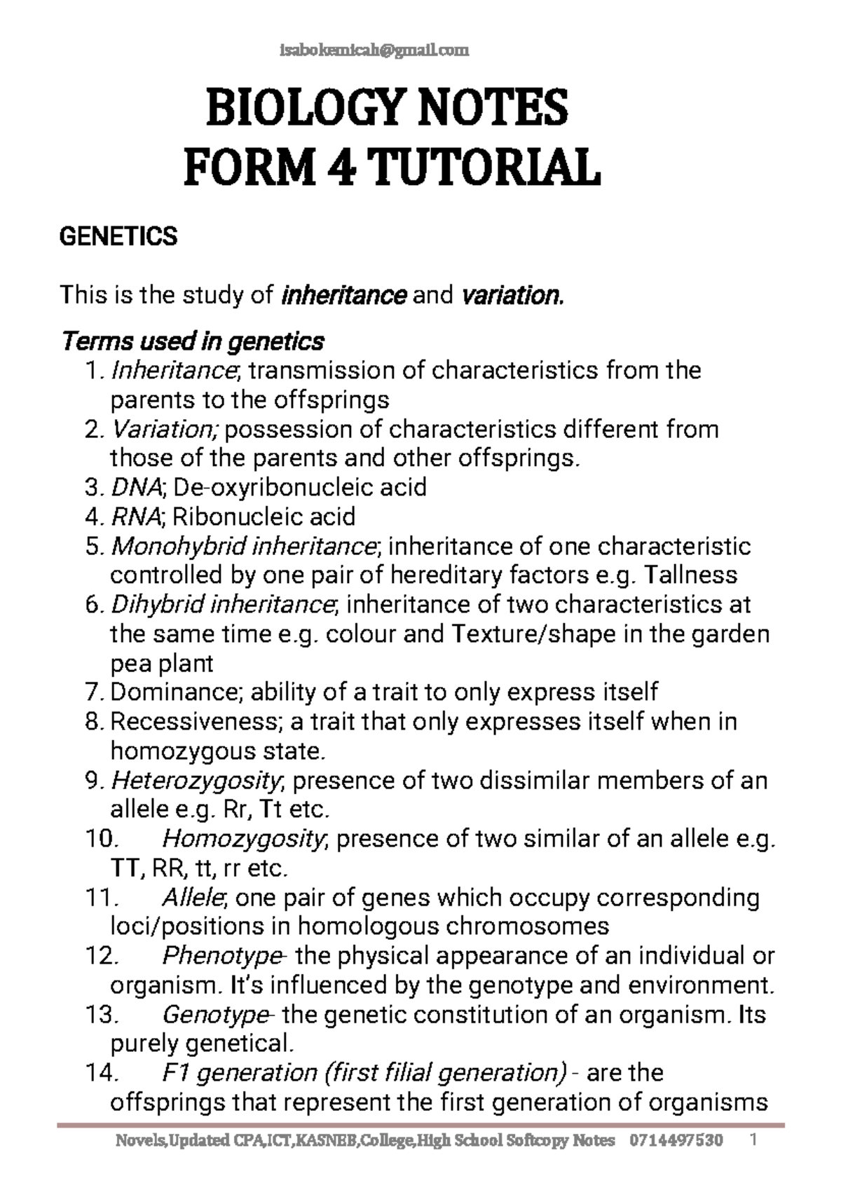 Latest FORM 4 Biology Notes: Genetics and Inheritance Concepts - Studocu