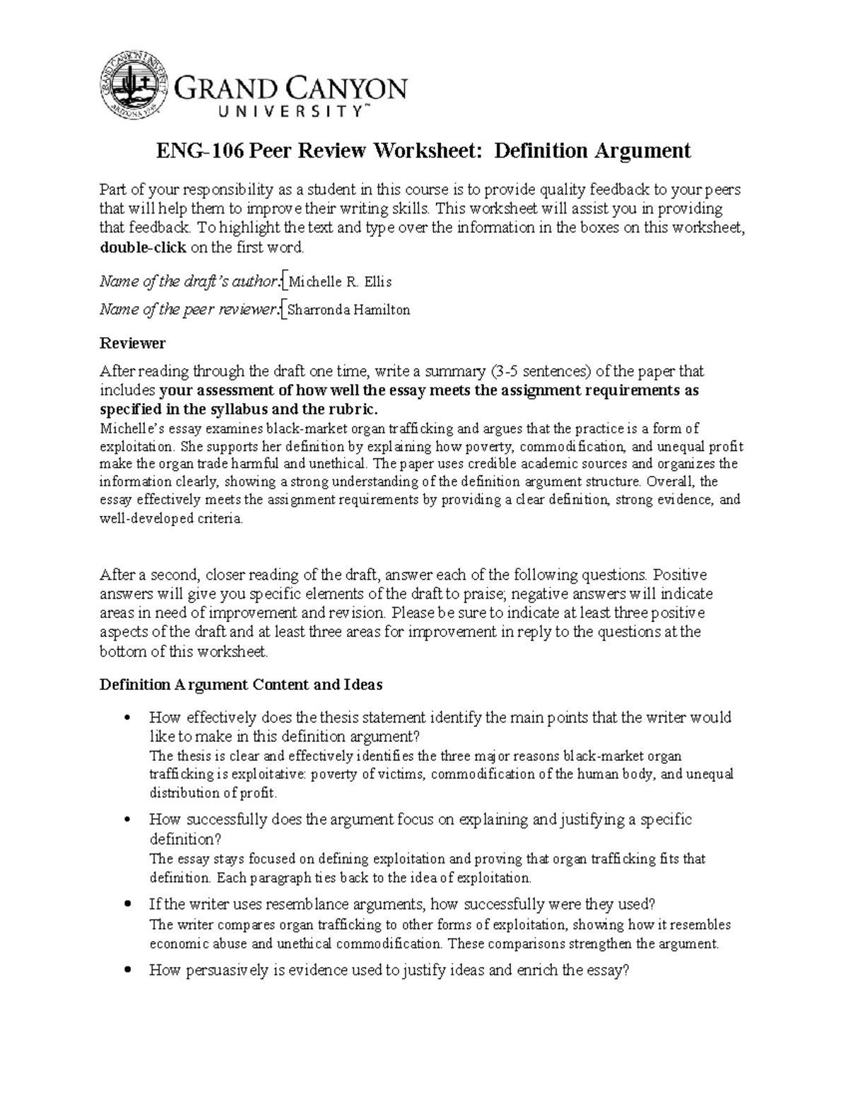 ENG106 Peer Review Worksheet: Definition Argument Feedback - Studocu