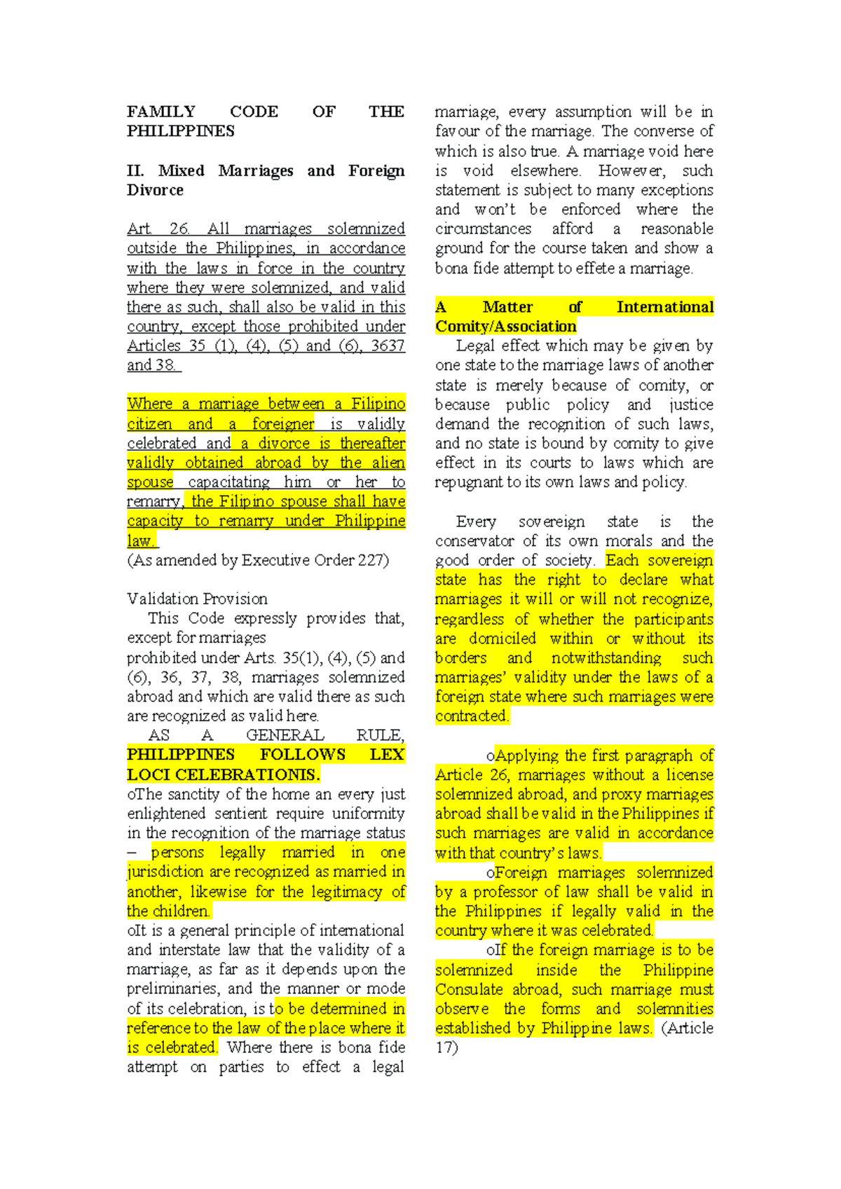 Art. 26 Family Code: Mixed Marriages and Foreign Divorce Insights - Studocu