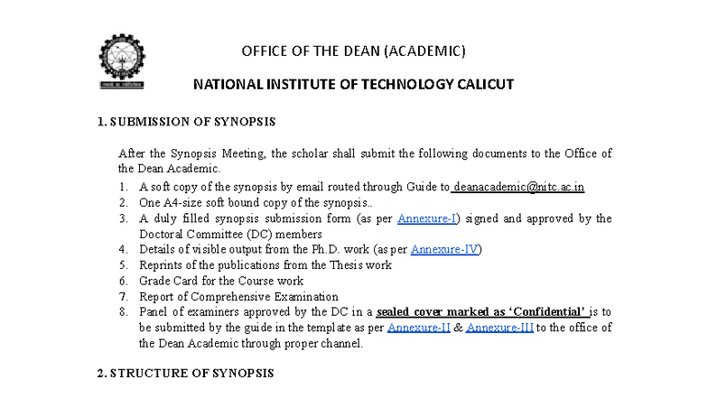 NIT Calicut Ph.D. Synopsis Submission Guidelines and Requirements - Studocu