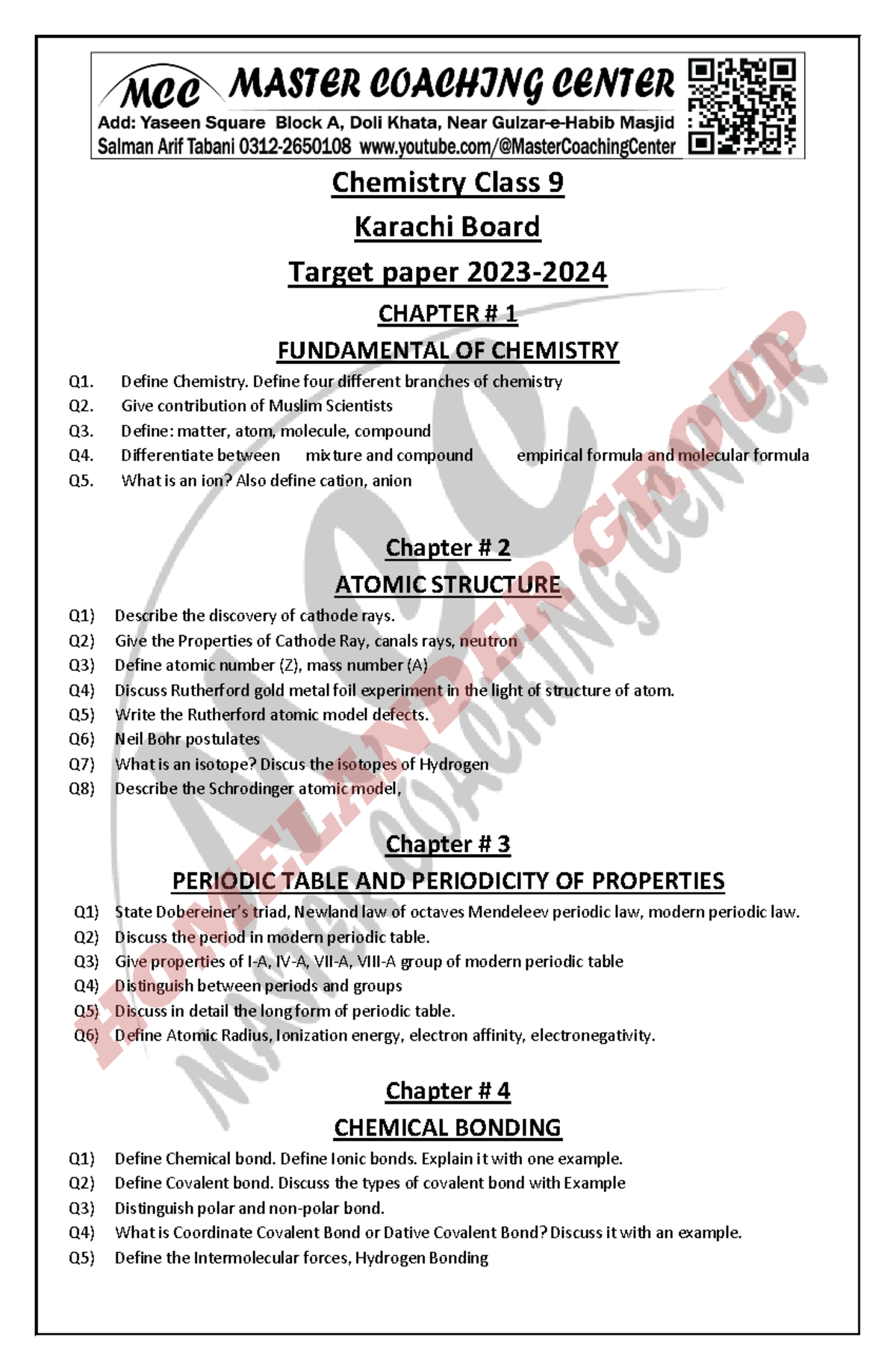 IX- Chemistry - Target Paper Chapter Wise for 2024 - Homelander Group ...