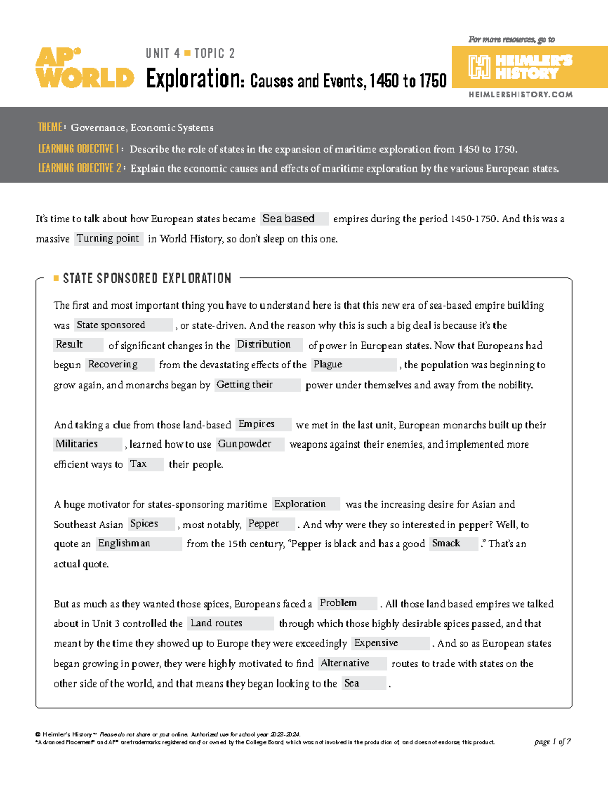 APWH Unit 4.2: Causes of Exploration (Heimler Packet) - 1450-1750 - Studocu