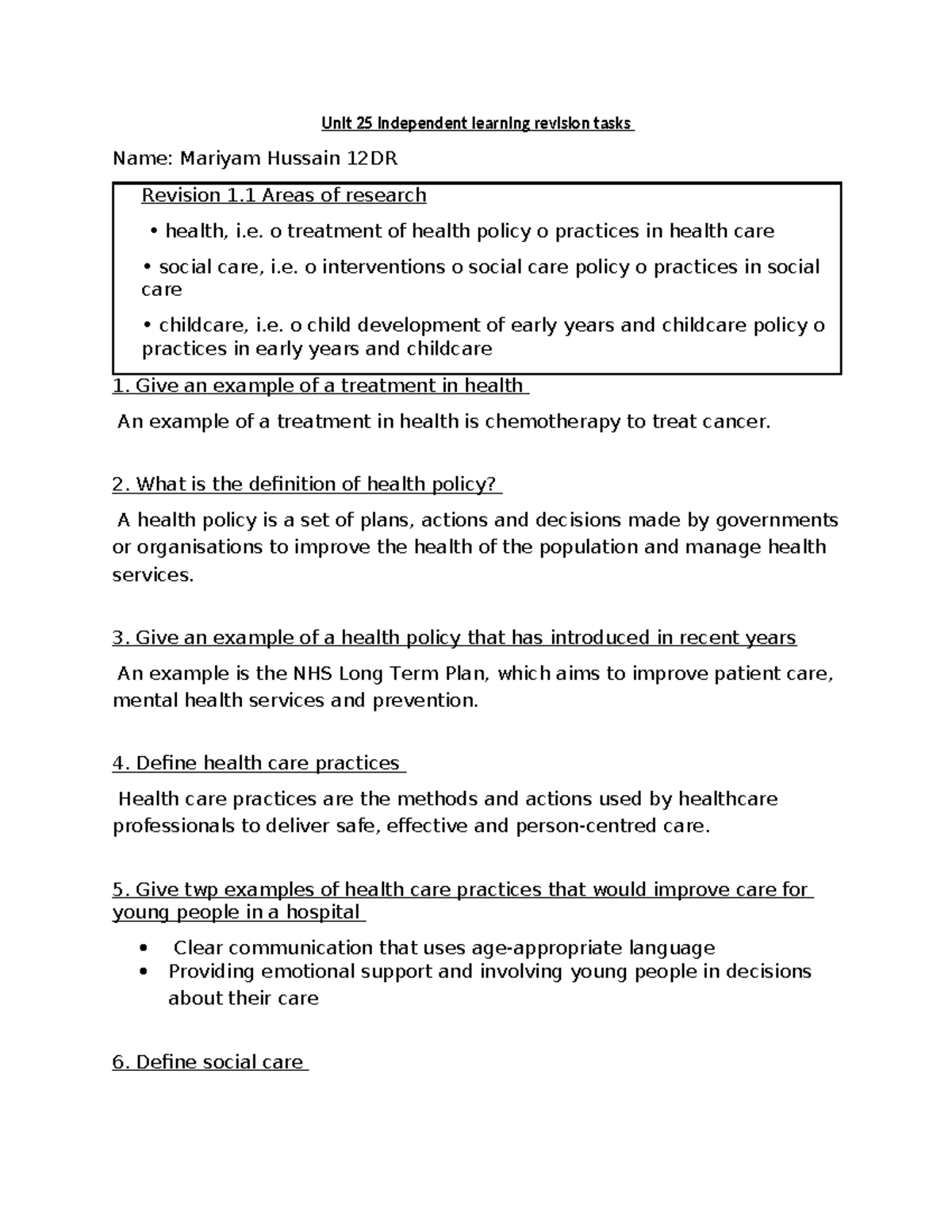 Unit 25 Revision Tasks: Health, Social Care & Child Development - Studocu