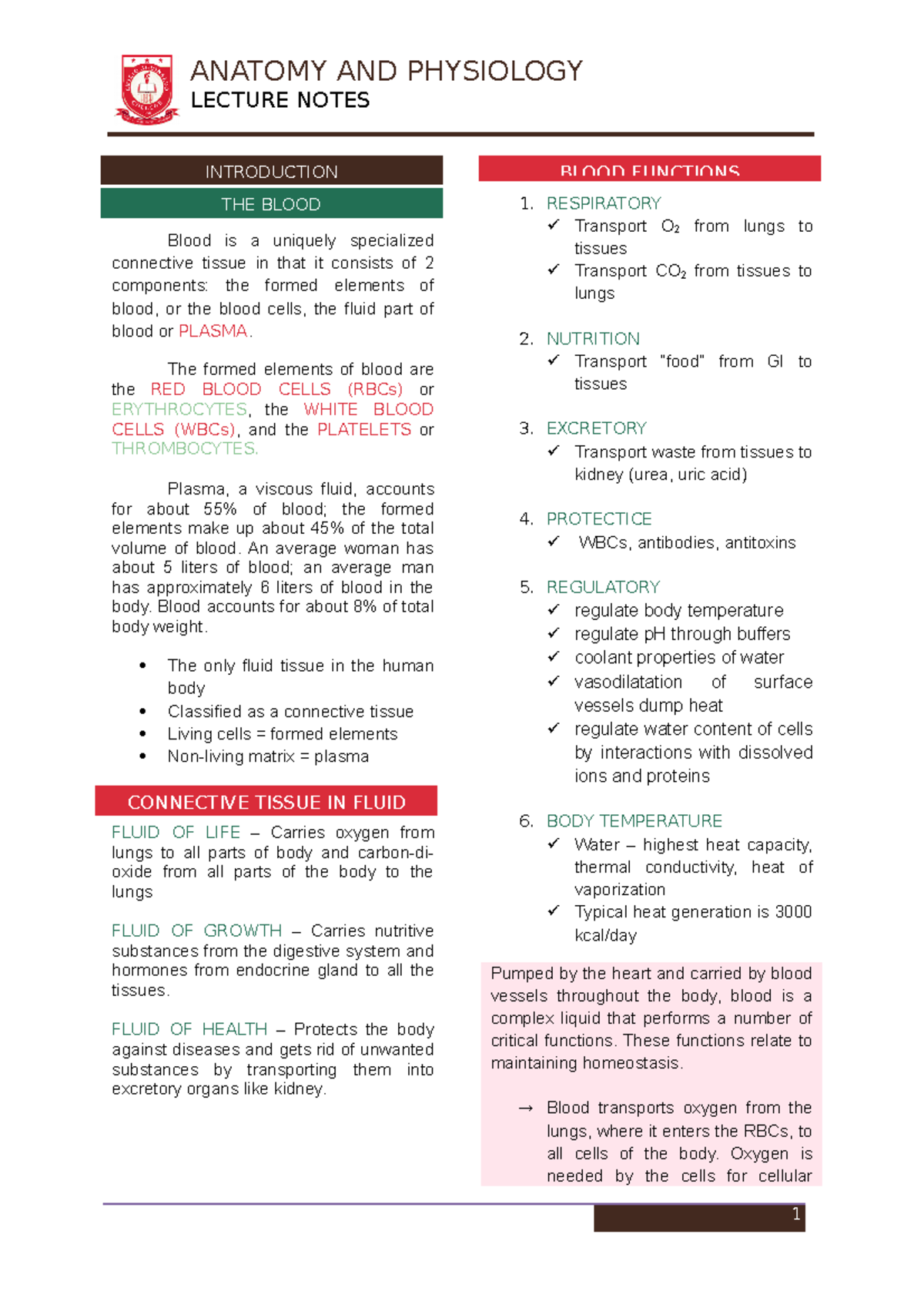 The Blood Anaphy Lecture Notes - LECTURE NOTES Blood is a uniquely ...