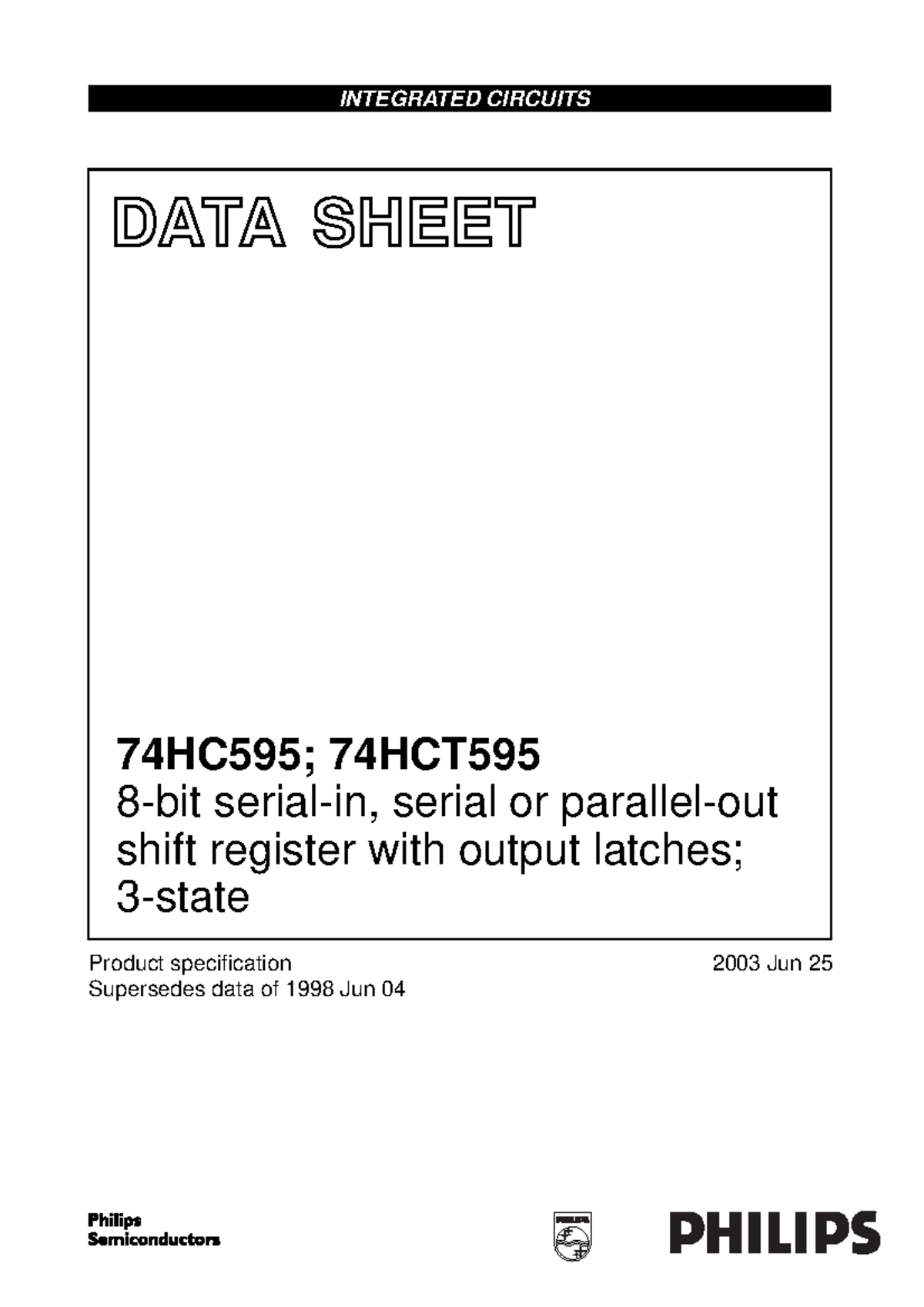 74HCT595 Integrated Circuit Data Sheet: Shift Register Specifications ...