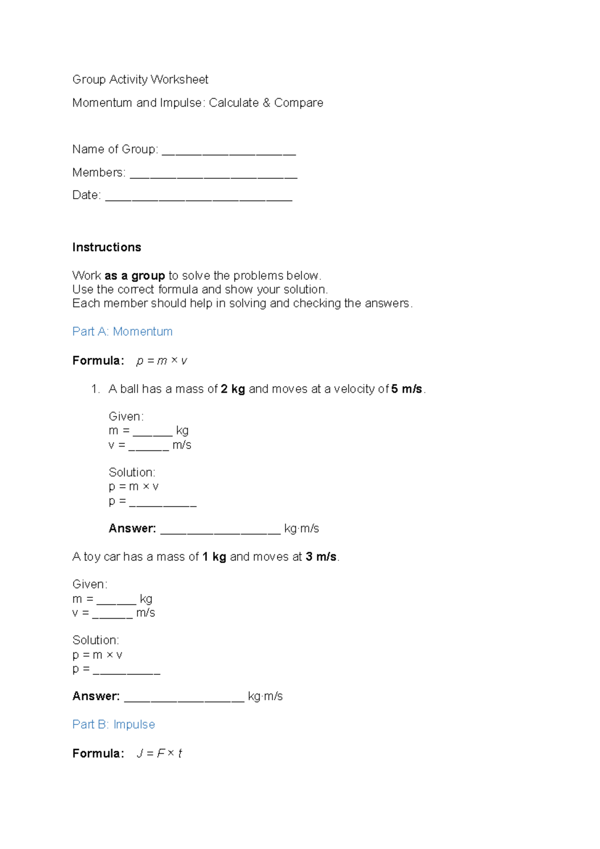 Group Activity Worksheet: Momentum & Impulse Calculations - Studocu