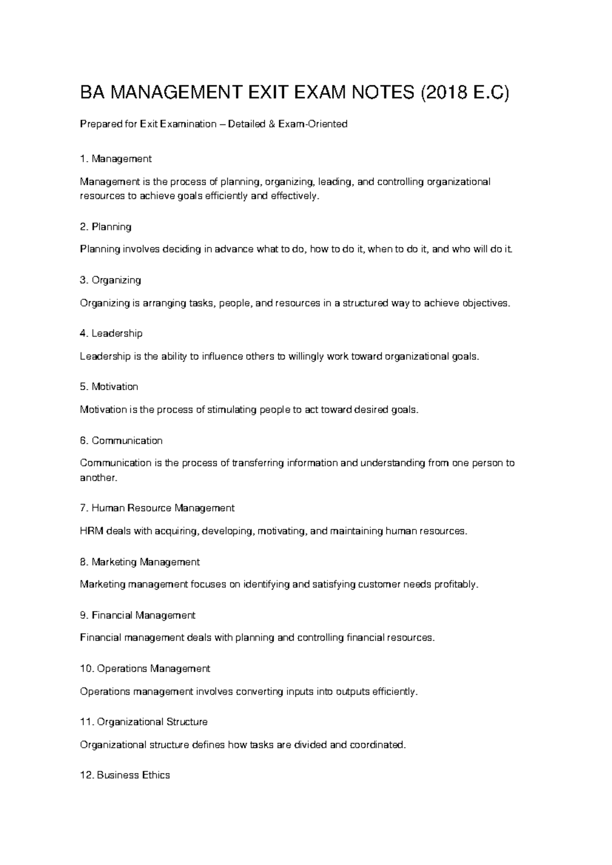 BA Management Exit Exam Notes (2018 E.C) - Key Concepts - Studocu