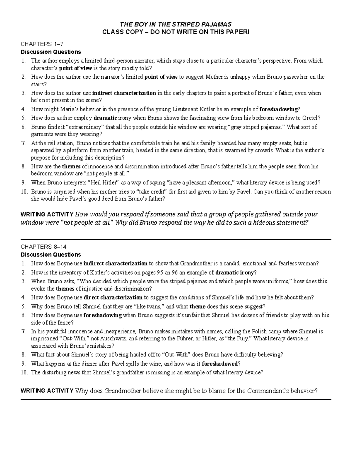 The Boy in the Striped Pajamas: Chapter Discussion Questions ...