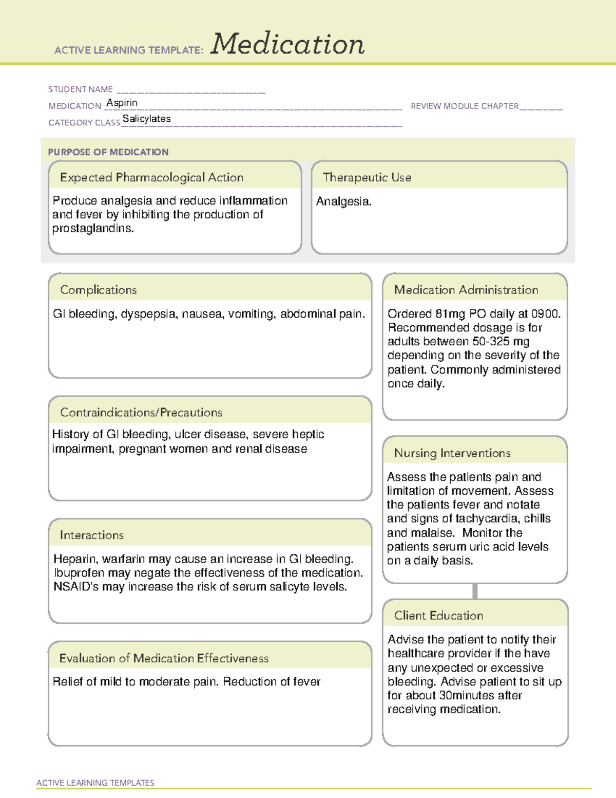 Aspirin Medication Overview - Active Learning Template Review - Studocu