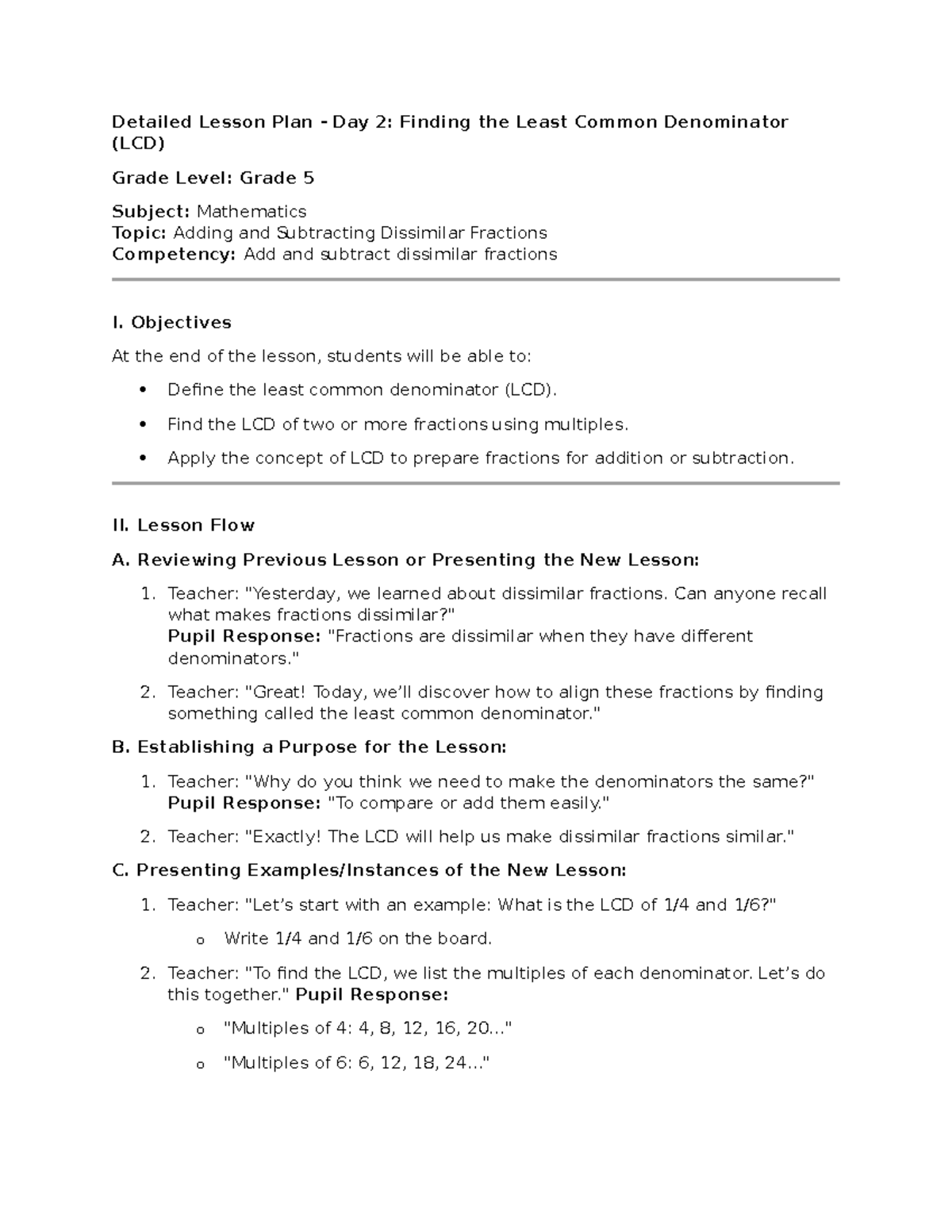Grade 5 Math Lesson Plan: Adding & Subtracting Dissimilar Fractions ...