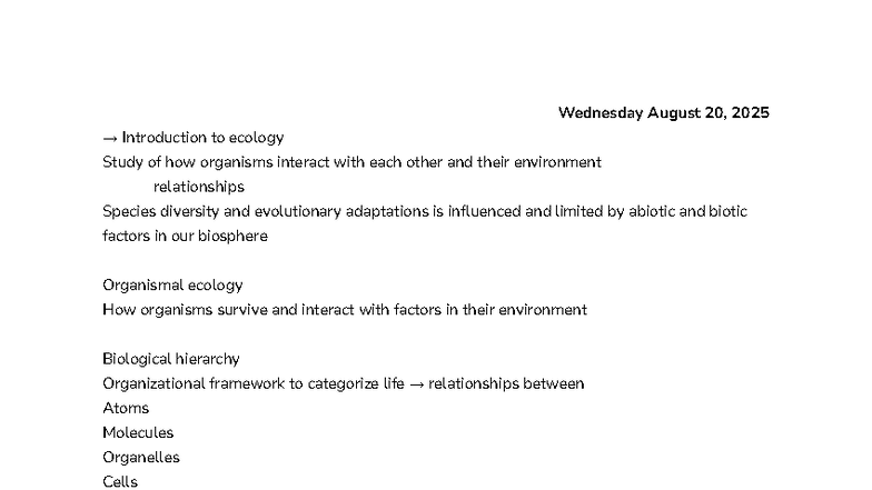 Ecology 101 - Exam 1 Lecture Notes on Organismal Adaptations - Studocu