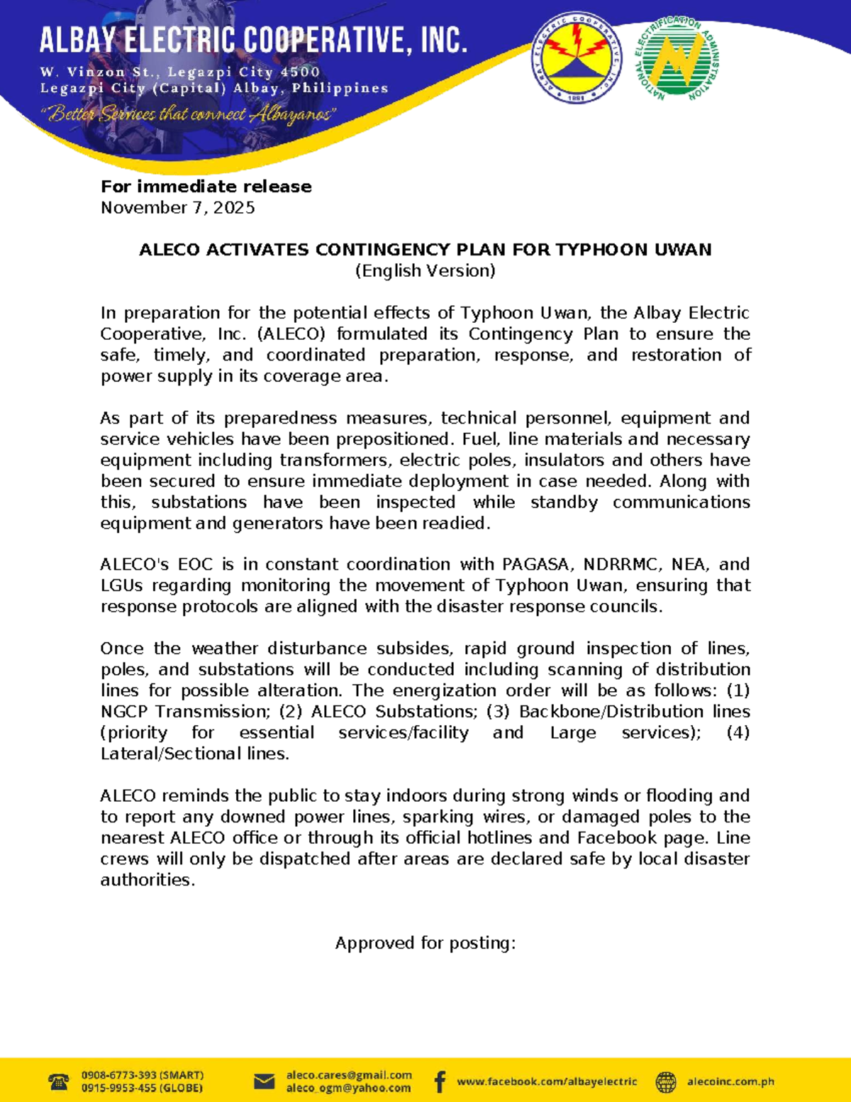 ALECO Contingency Plan Activation for Typhoon Uwan - Nov 2025 - Studocu