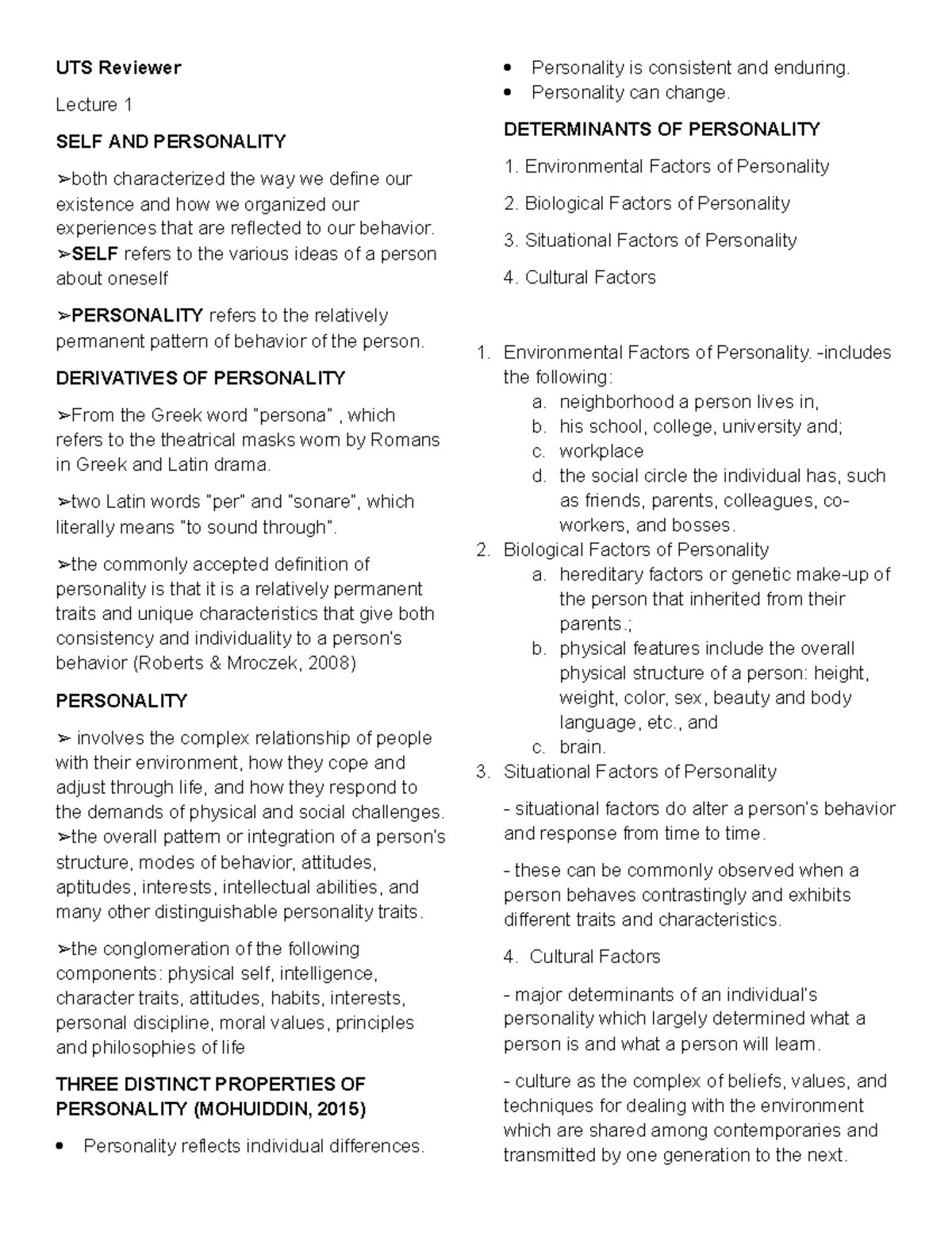 UTS Reviewer Lecture 1: Understanding Self and Personality - Studocu