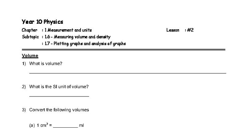 Year 10 Physics Chapter 1: Measurement, Volume, Density & Graphs - Studocu