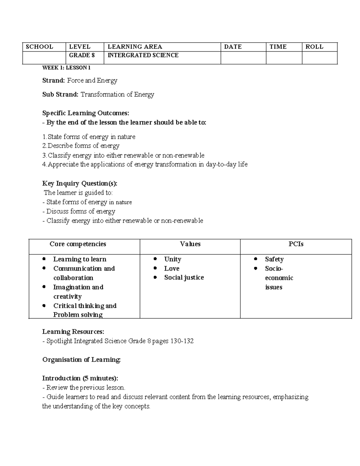 Grade 8 Integrated Science: Week 1-3 Lesson Plans on Energy ...