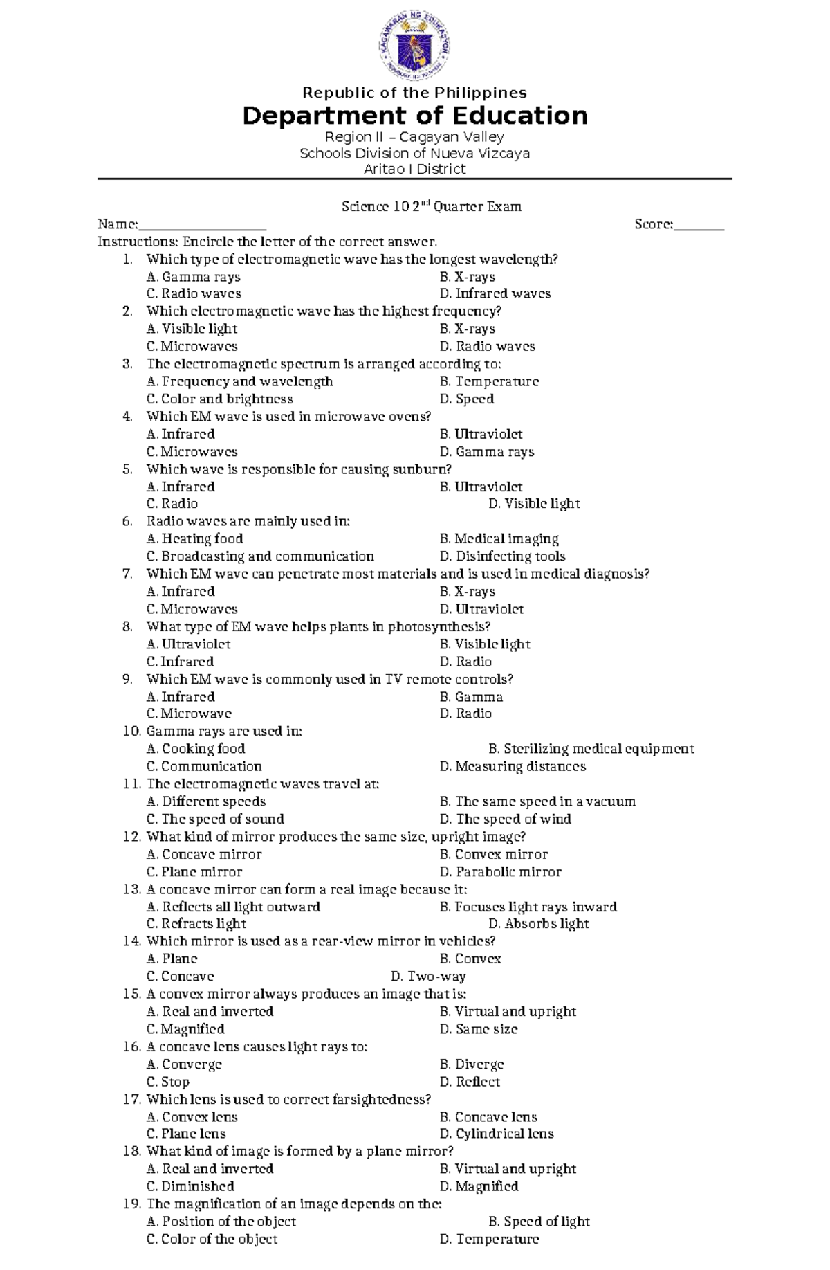 Grade 10 Science Q2 Exam - Electromagnetic Waves and Optics - Studocu