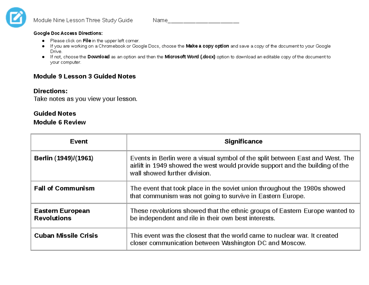 World History Module Nine Lesson Three Guided Notes - Module Nine ...